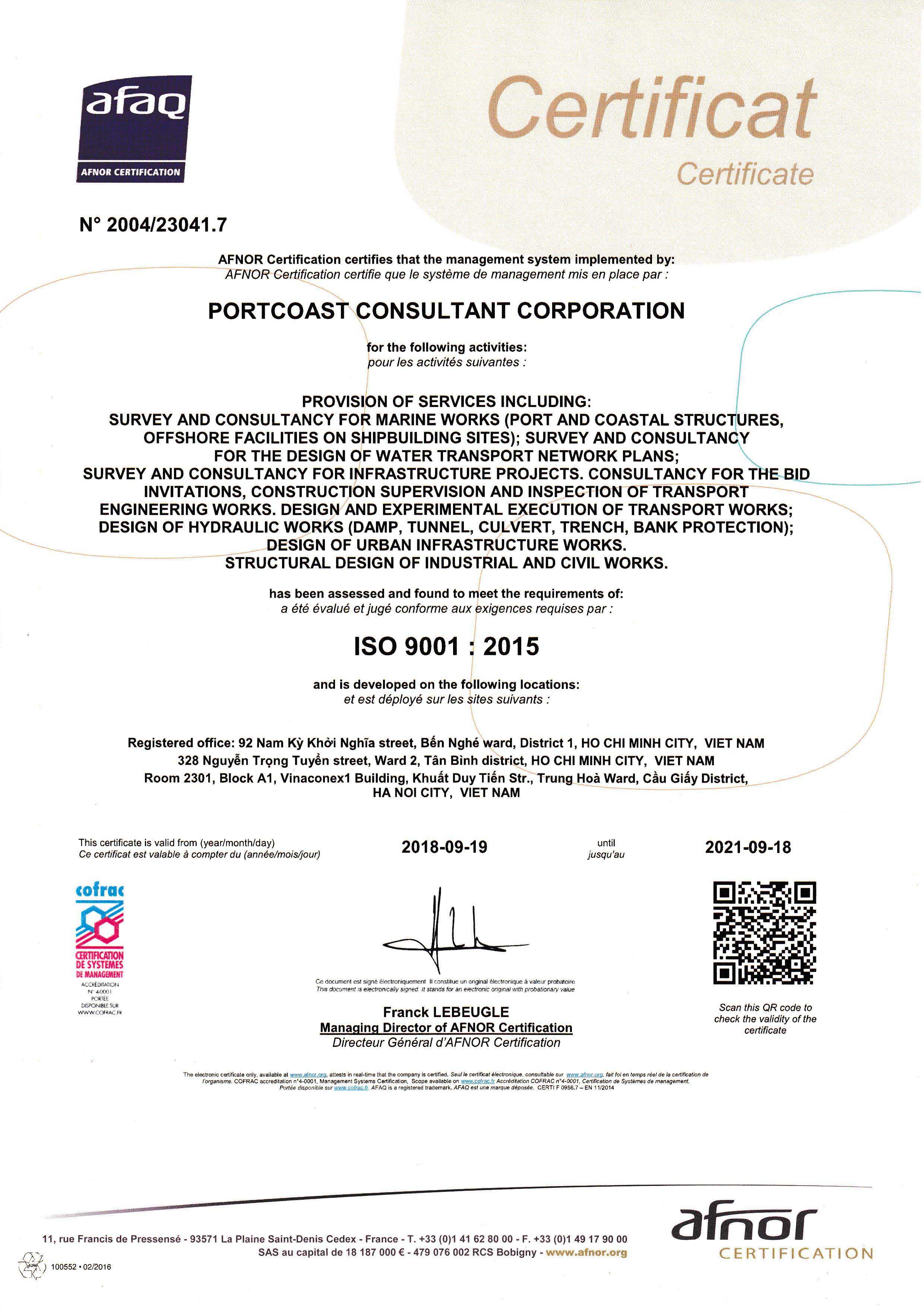 Certificate | PORTCOAST | Vietnam Port Consultants